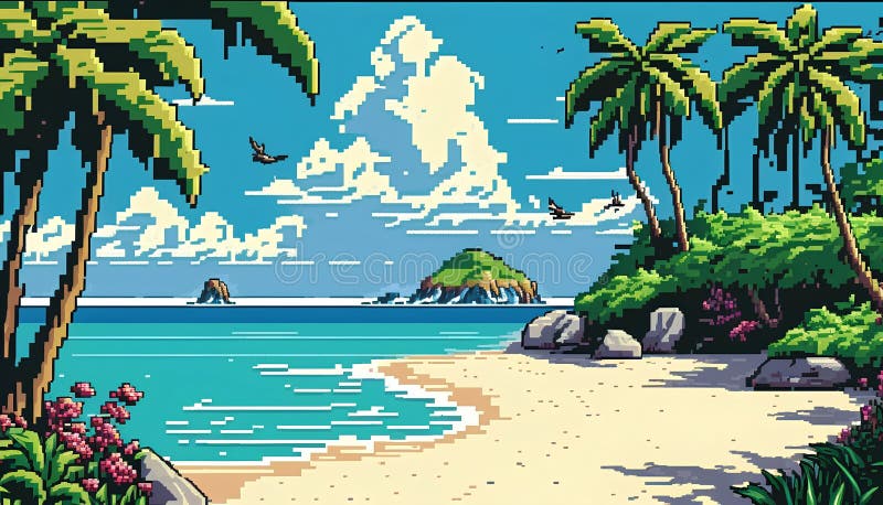 Retro Arcade Video Game Pixelated Scene with Palm Trees and Sea Stock ...