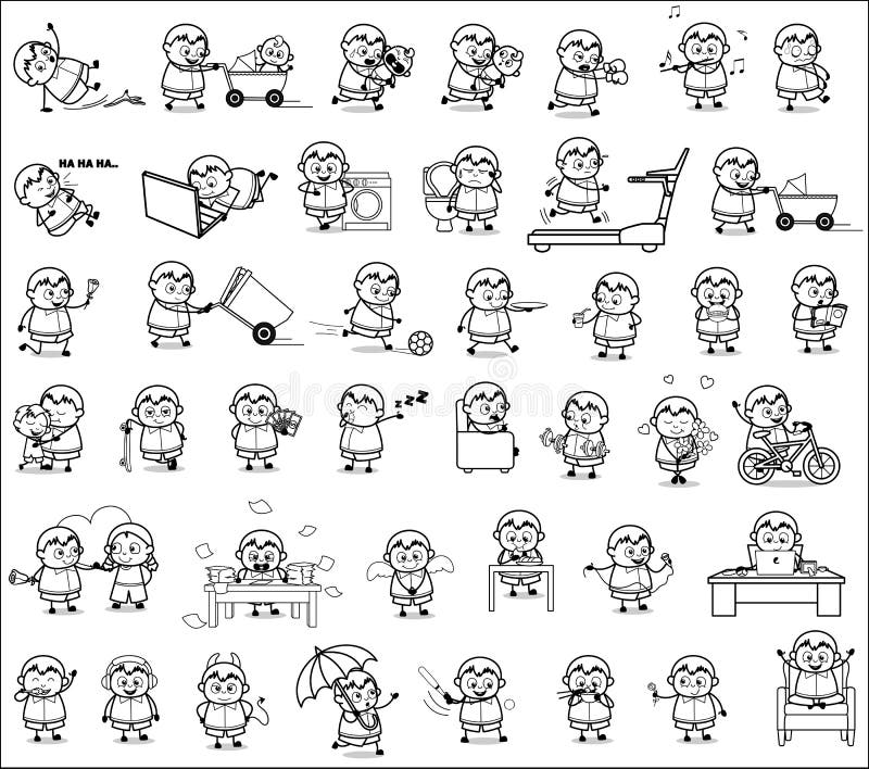 Retro Art of Comic Fat Boy Character - Set of Concepts Vector ...