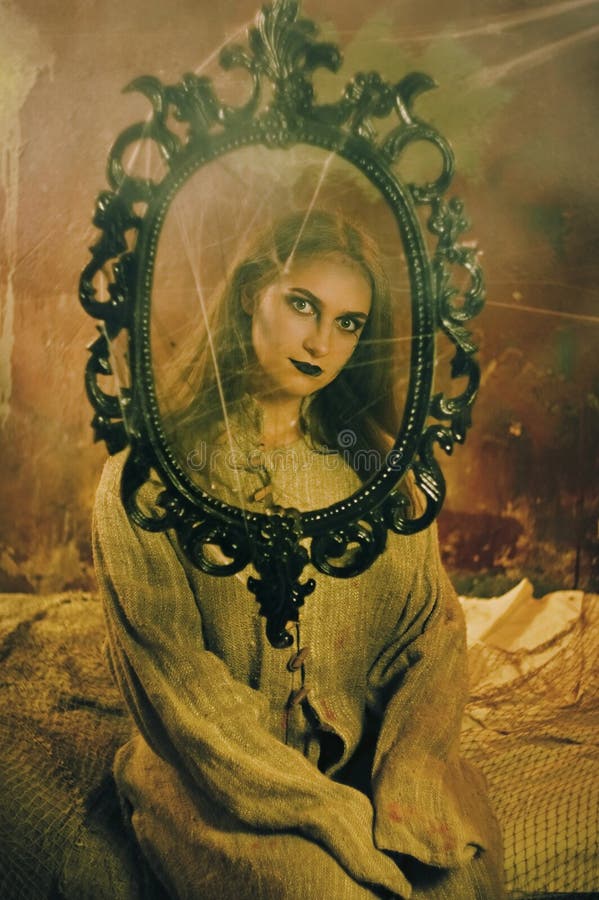 Retro Art Portrait of a Young Girl in the Mirror. Stock Photo - Image ...