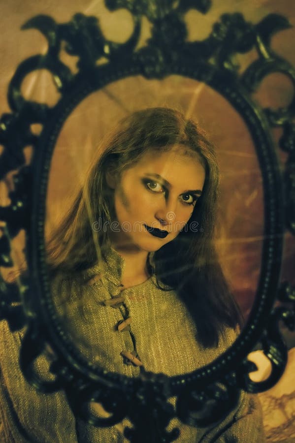 Retro Art Portrait of a Young Girl in the Mirror. Stock Image - Image ...