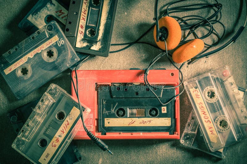 Retro Audio Cassette with Headphones and Portable Player Stock Image ...
