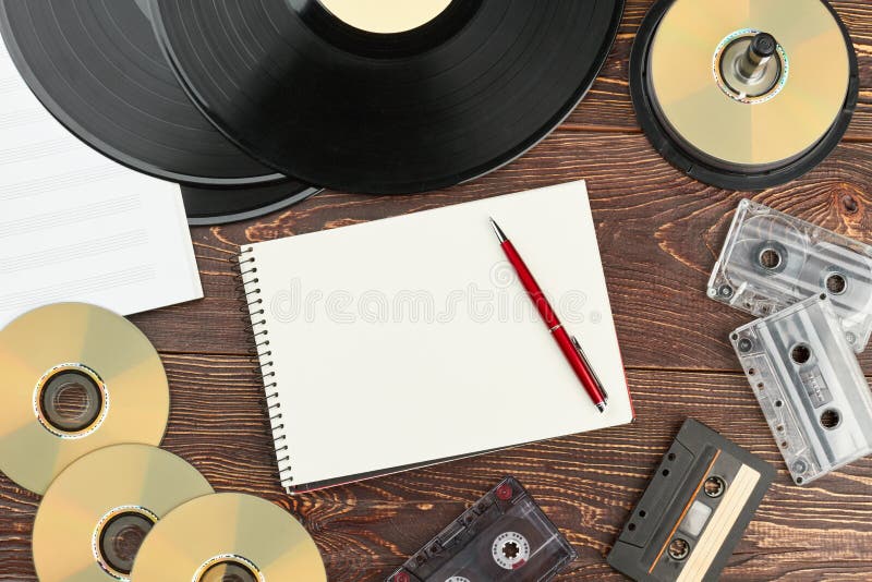 Retro Audio Devices and Blank Notebook. Stock Photo - Image of audio ...