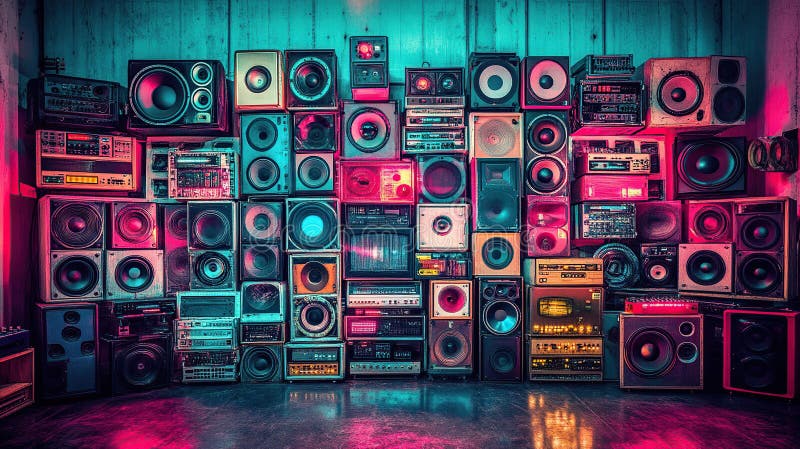 Retro Audio Wall, Neon Lights, Music, Studio, Party Background Stock ...
