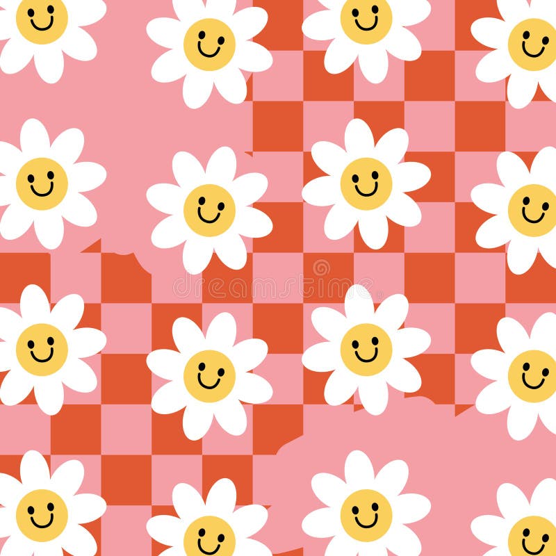 Cute Flowers with Faces on a Patterned Background Over Pink and Red ...