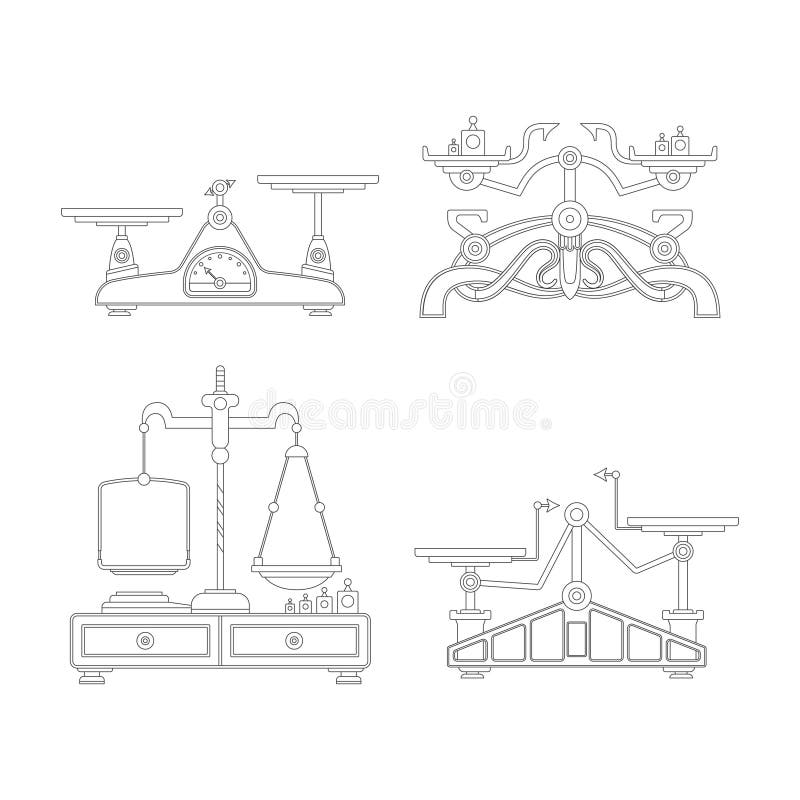 Retro Balance Scales Set in Outline Style Stock Vector - Illustration ...