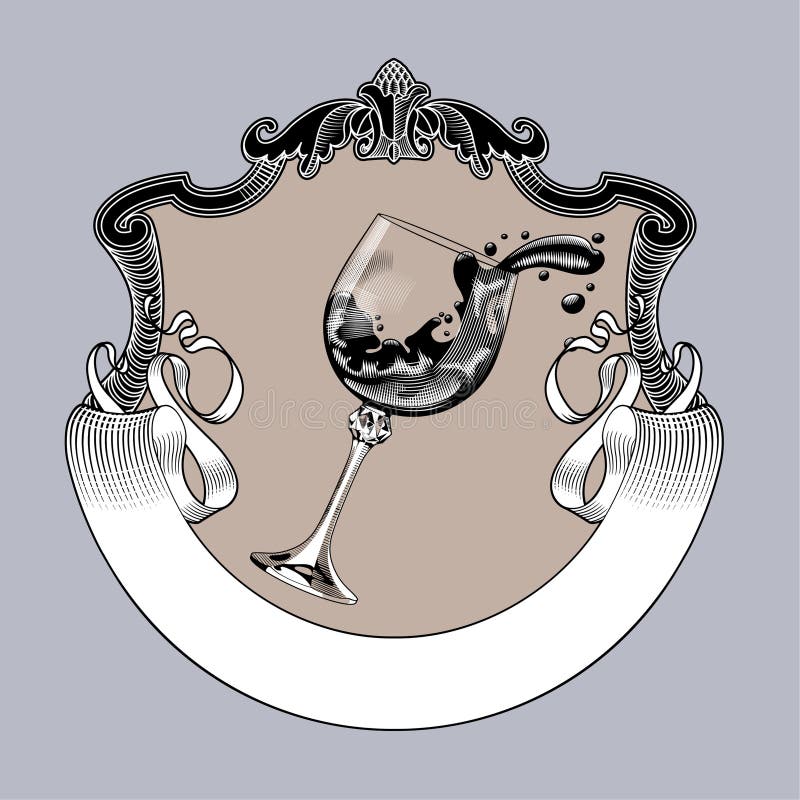 Retro Banner and Falling Glass with Splashed Wine in Antique Decorative ...