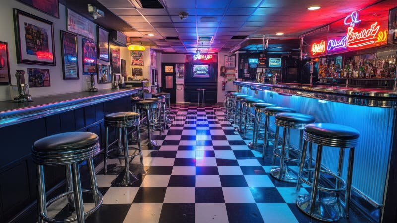 Retro Bar Interior with Neon Lights and Checkered Floor Stock ...