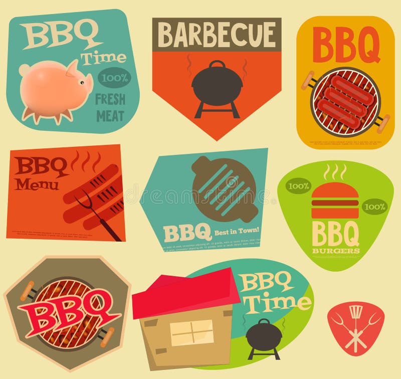 Retro BBQ Stickers Collection Stock Vector - Illustration of dinner ...
