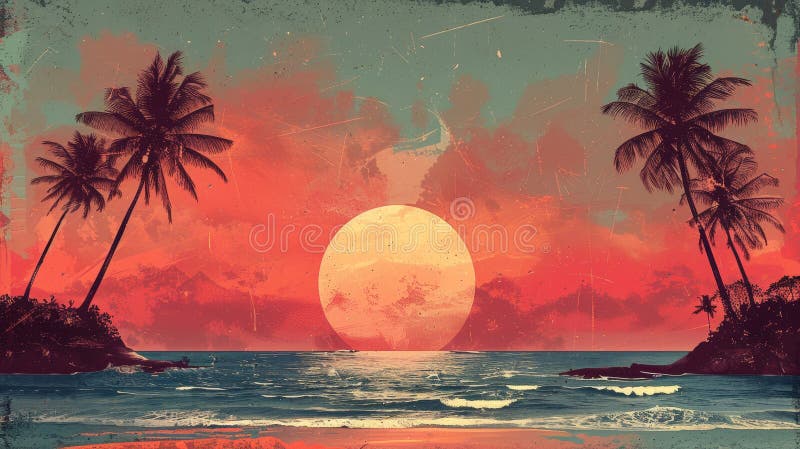 Retro Beach Collage, Sunny Beach with Palm Trees Creates a Vibrant ...