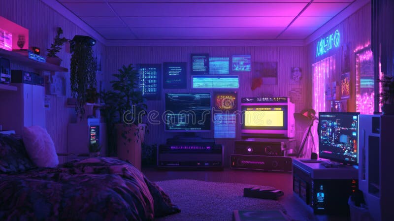 Retro Bedroom with Neon Lights and Pixel Art Style Stock Illustration ...