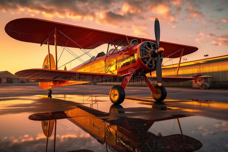 Retro Biplane Parked on an Airfield at Sunset Stock Illustration ...