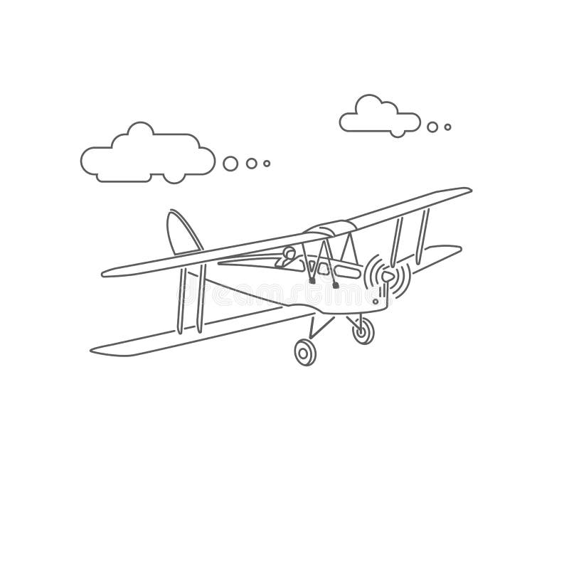 Retro Biplane Plane Vector Illusration. Line-art Vintage Airplane Stock ...