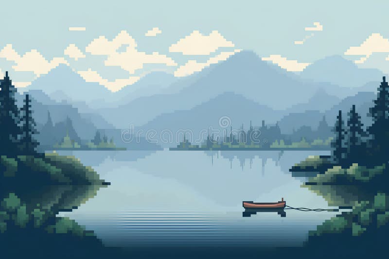 Retro 8 Bit Pixelated Landscape with a Boat and Mountains. Stock ...