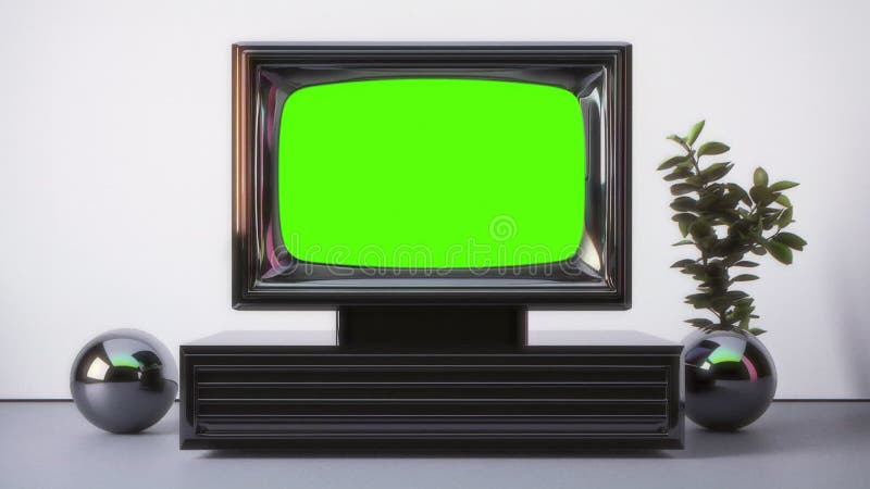 Retro Black Television with Green Screen, Flanked by Chrome Spheres on ...