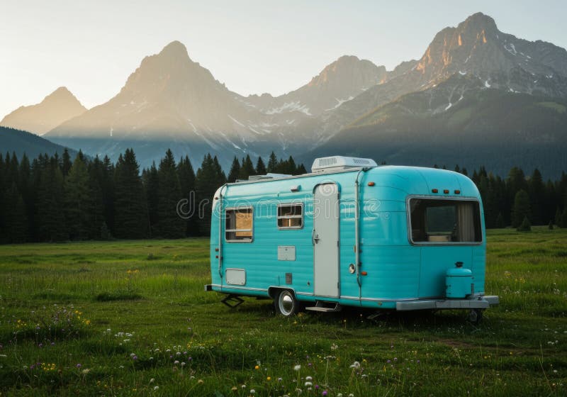 Retro Blue Camper in Mountain Meadow at Sunrise Stock Illustration ...