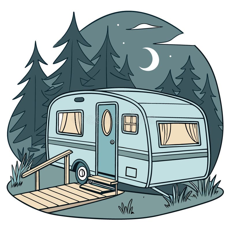 A Retro Blue Caravan with Warm Lighting and Wooden Deck. Parked in an ...