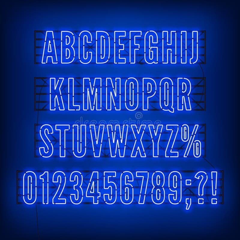 Retro Blue Neon Alphabet with Numbers on Dark Background. Stock Vector ...