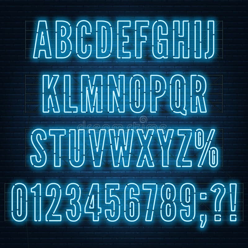 Retro Blue Neon Alphabet with Numbers on Dark Background Stock ...