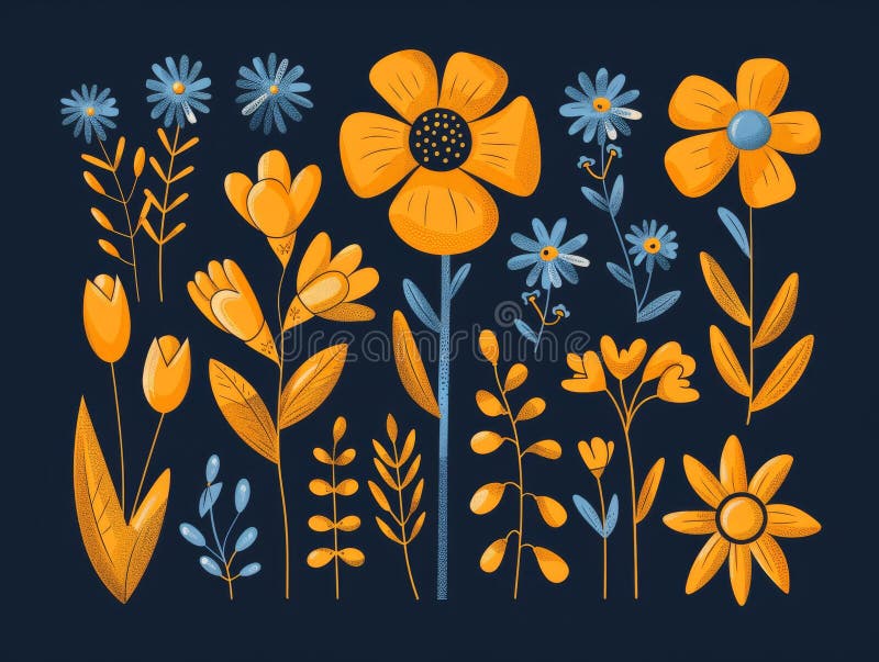 Retro Blue and Yellow Floral Graphic Featuring Various Simplistic ...