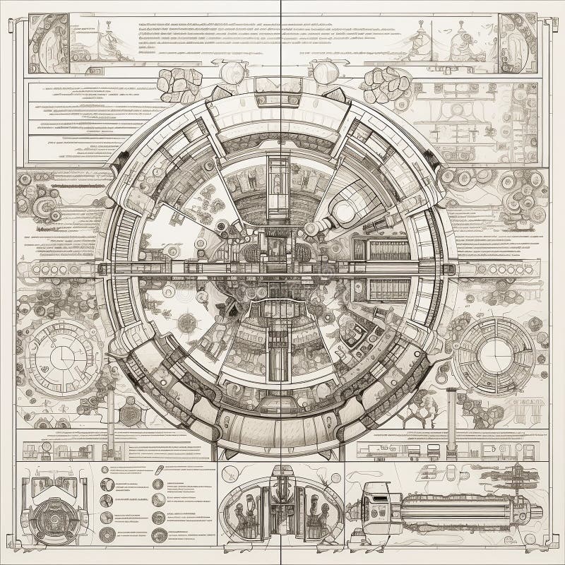 Retro Blueprint of Mechanism, Technical Drawing on Old Paper, Abstract ...
