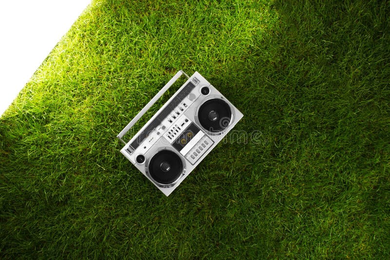 Retro Boom Box Receiver Over Fresh Green Grass Stock Image - Image of ...