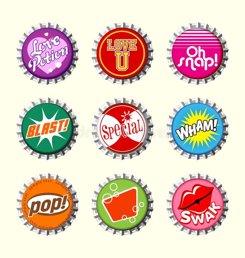 Retro Bottle Cap Designs Set 2 Stock Vector - Illustration of crafts ...