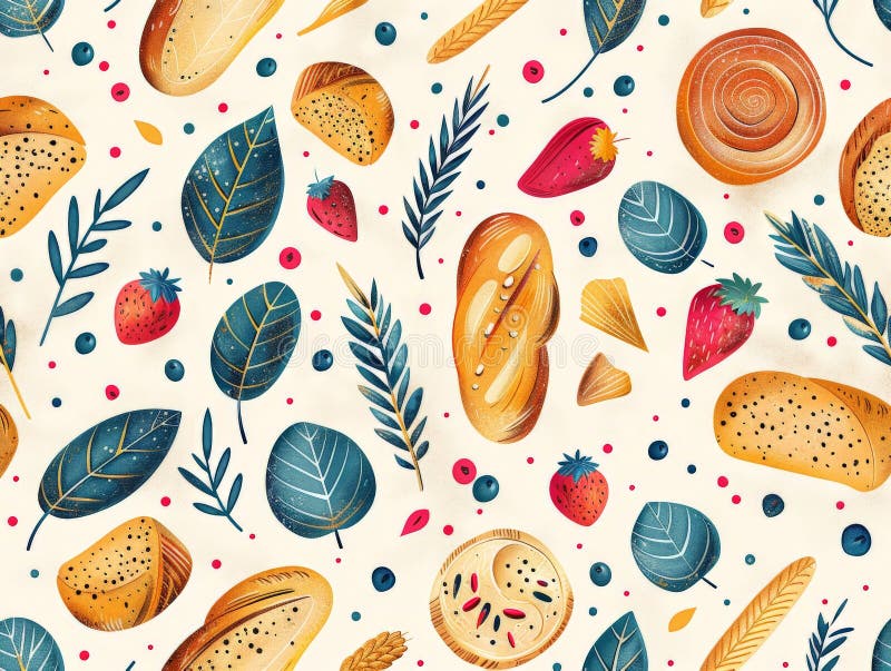 Retro Bread and Berries Pattern on White Background Stock Illustration ...