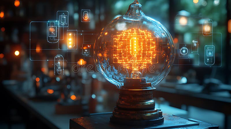 Retro Bulb IoT Network, Lab, Innovation Stock Illustration ...
