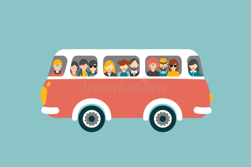 Retro bus met passagiers vector illustratie. Illustration of wijfje ...