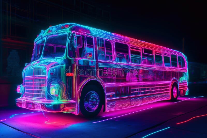 Retro bus neon stock illustration. Illustration of travel - 301180520
