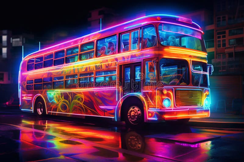 Retro neon bus stock illustration. Illustration of vintage - 301301113