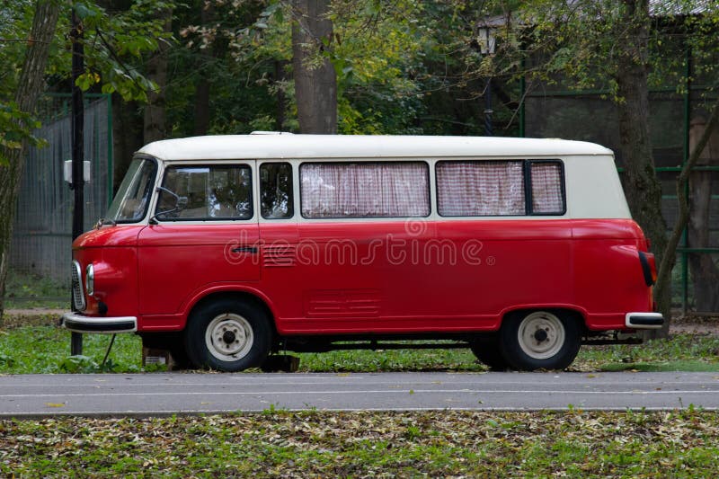 Retro Bus. Red Bottom, White Top. Close-up Stock Photo - Image of ...