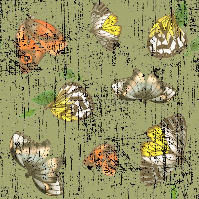 Retro Butterflies of Various Sizes on Green Background. Retro Seamless ...