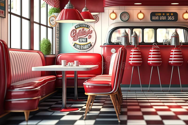 Retro Cafe, American Diner Interior with Tables, Red Sofas. 3d ...