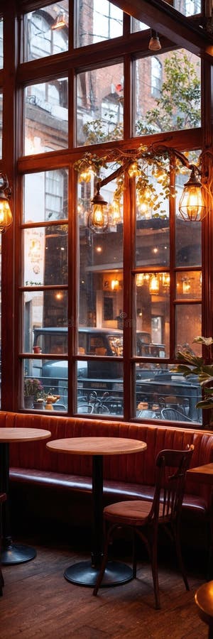 Retro Cafe with Large Windows and Warm Ambient Lighting Stock ...