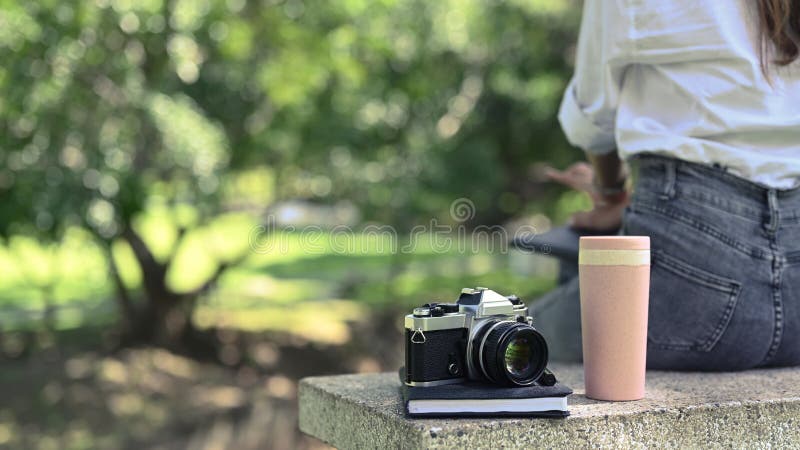 Camera, Coffee Cup and Book on Bench in Nature Park. Stock Image ...