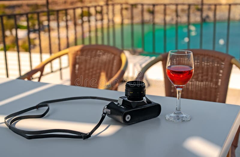 Retro Camera and Glass of Red Wine Stock Image - Image of beach ...
