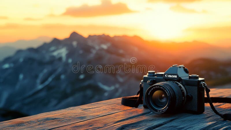 Retro Camera at Golden Hour with Mountain Backdrop Stock Illustration ...