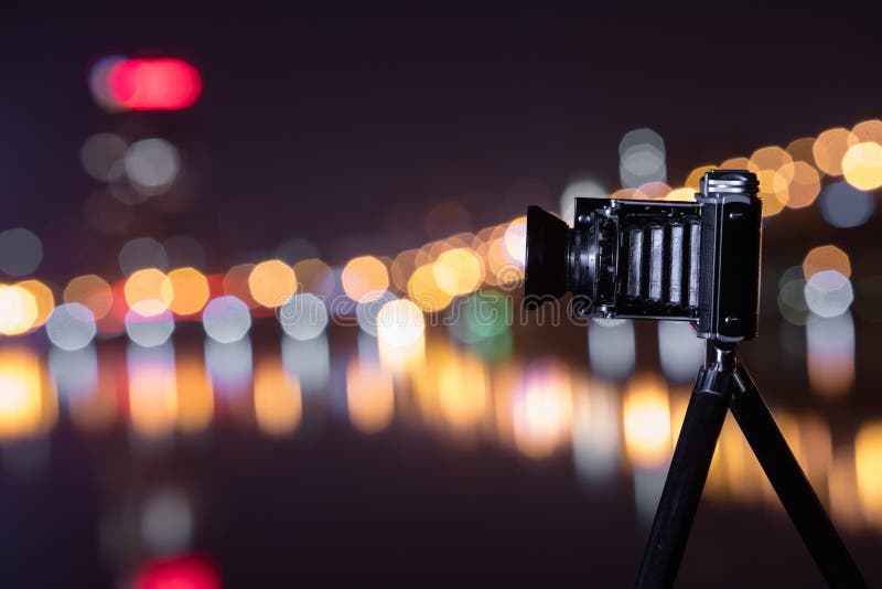 Retro Camera the Night View of City. Stock Image - Image of light ...