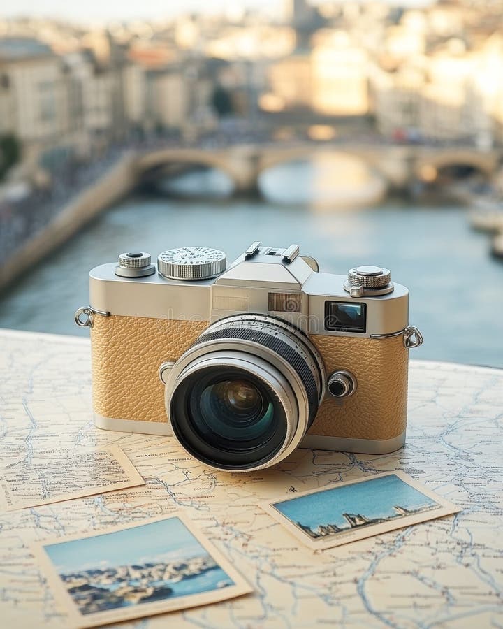Retro Camera with Postcards and Map by a River Stock Photo - Image of ...