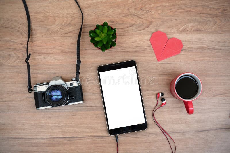 Retro Camera with Tablet on Wooden Table Stock Photo - Image of classic ...