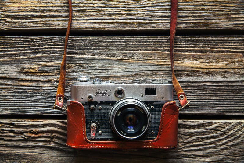 Retro Camera on Wood Table Background, Vintage Color Tone Editorial ...