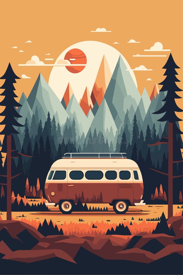 Retro Camper Van in the Forest at Sunset. Vector Illustration Stock ...