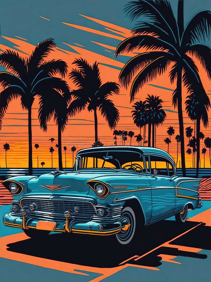 Retro Car on the Beach with Palms at Sunset Vintage Design Stock ...