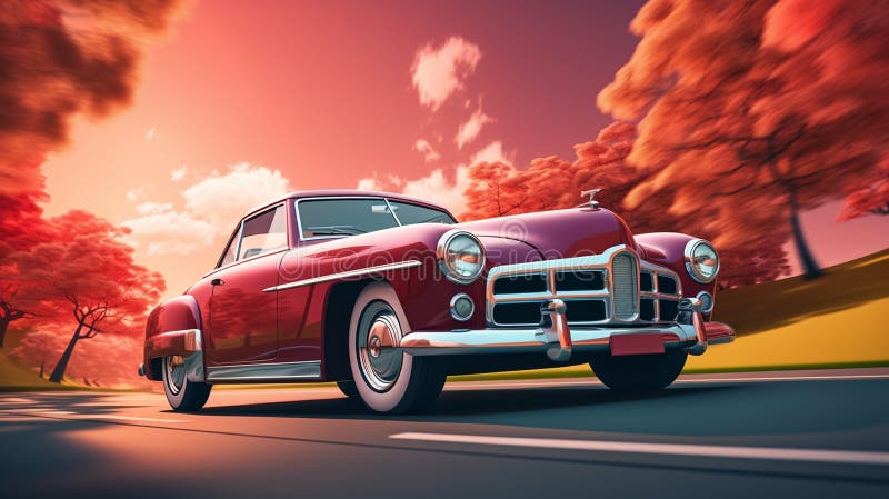 Retro Car Driving Down a Winding Road Taking in the Scenery Stock ...