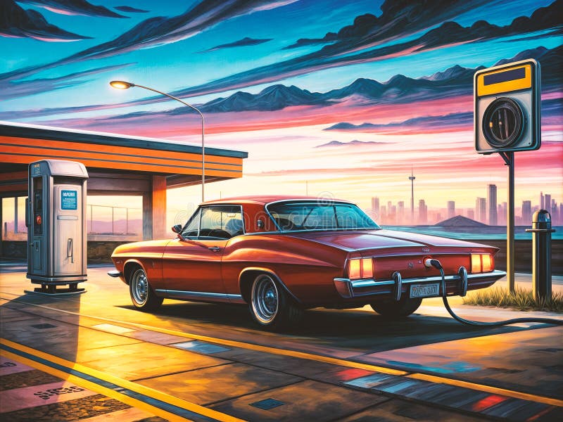 Retro Car is on Electric Charge Stock Illustration - Illustration of ...