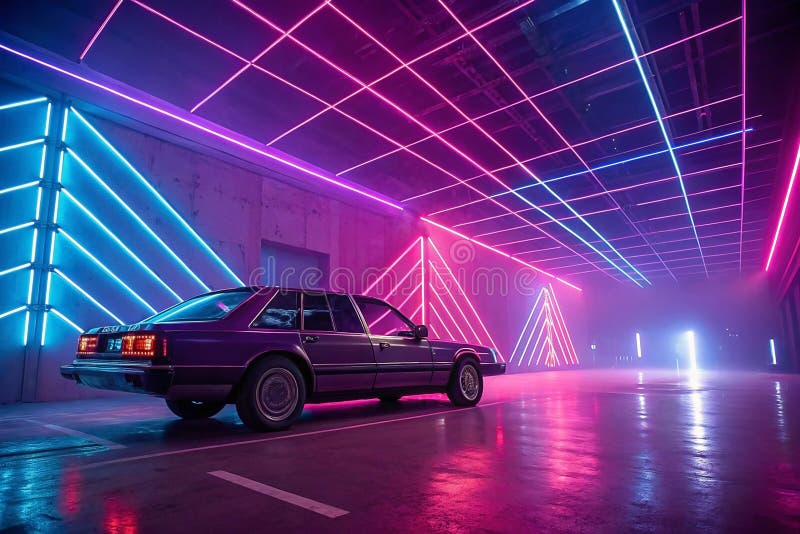 Retro Car in Neon-lit Garage Stock Photo - Image of energy, scene ...