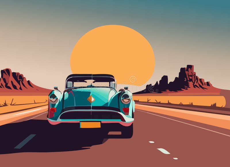 Retro Car on the Road in the Desert. Vector Illustration Stock Vector ...