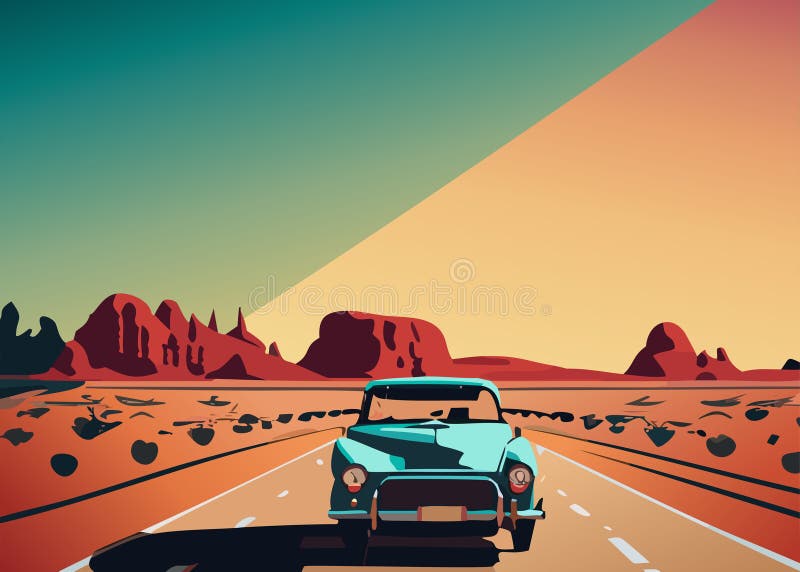 Retro Car on the Road in the Desert. Vector Illustration Stock Vector ...