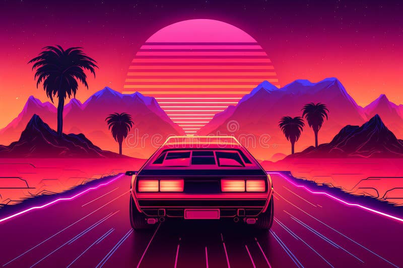 Retro Car on the Road at Sunset with Palm Trees. Vector Illustration ...